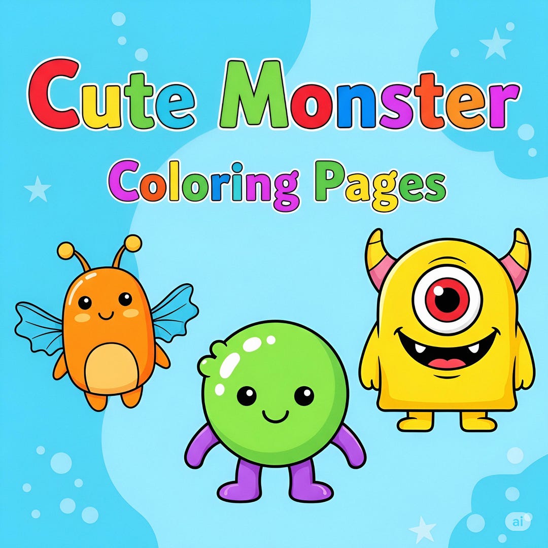 Cute Monster Coloring Pages, Printable Kids Activity, Simple Outline ...
