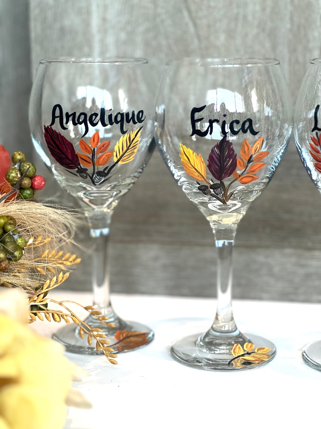 FALL LEAVES Hand Painted Wine Glasses, Bridal Party Glassware, Gift for ...