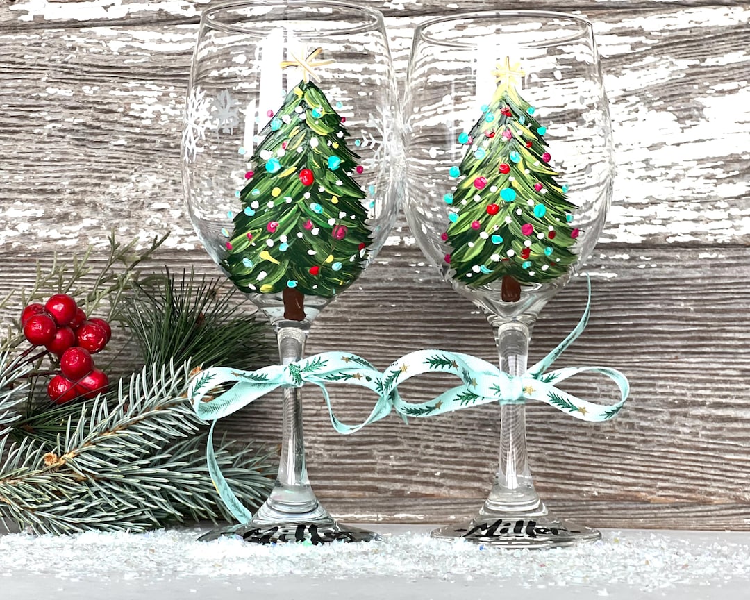 Christmas Tree Wine Glasses, Hand Painted, Personalized Wine Glasses ...