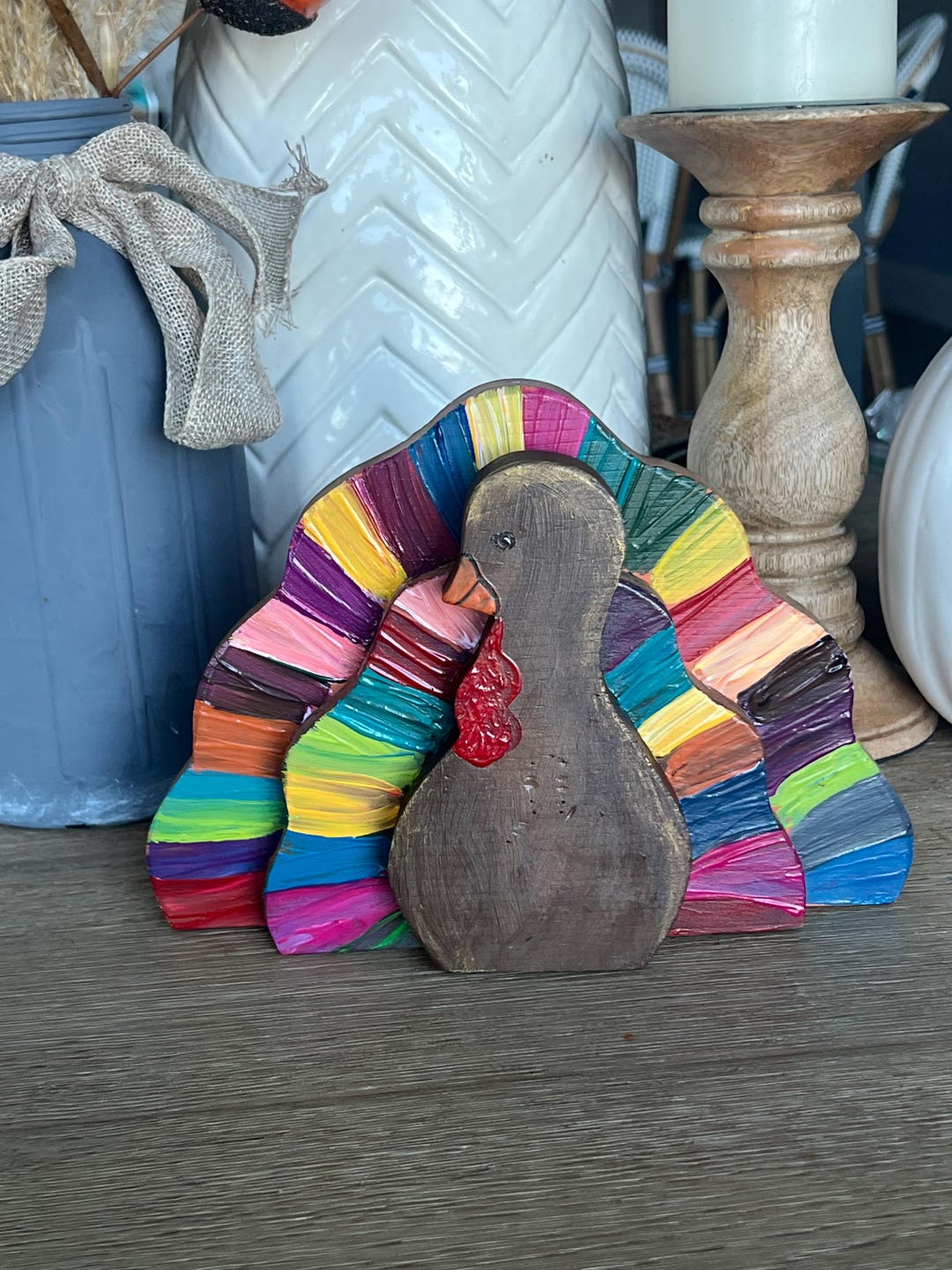 Hand Painted Wooden Turkey Decor: Colorful Thanksgiving Table ...