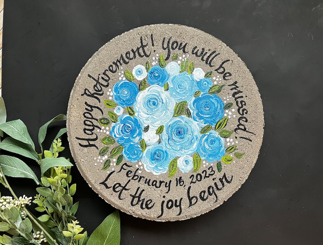 Hand Painted Retirement Garden Stone: Blue Flowers Memorial Stone (12 ...
