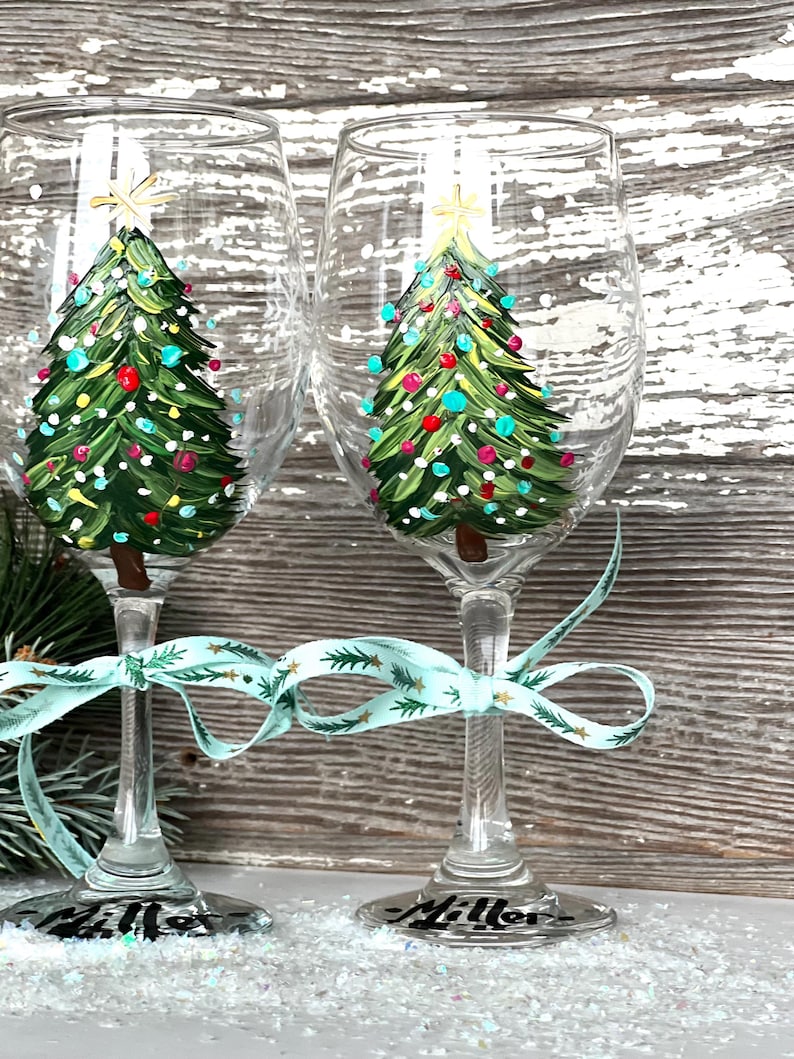 Christmas Tree Wine Glasses, Hand Painted, Personalized Wine Glasses ...