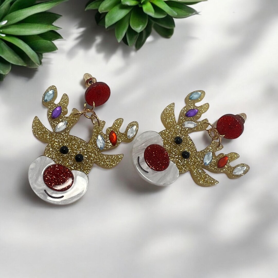 Reindeer Rhinestone Christmas Custom Earrings, Vintage, Handmade ...