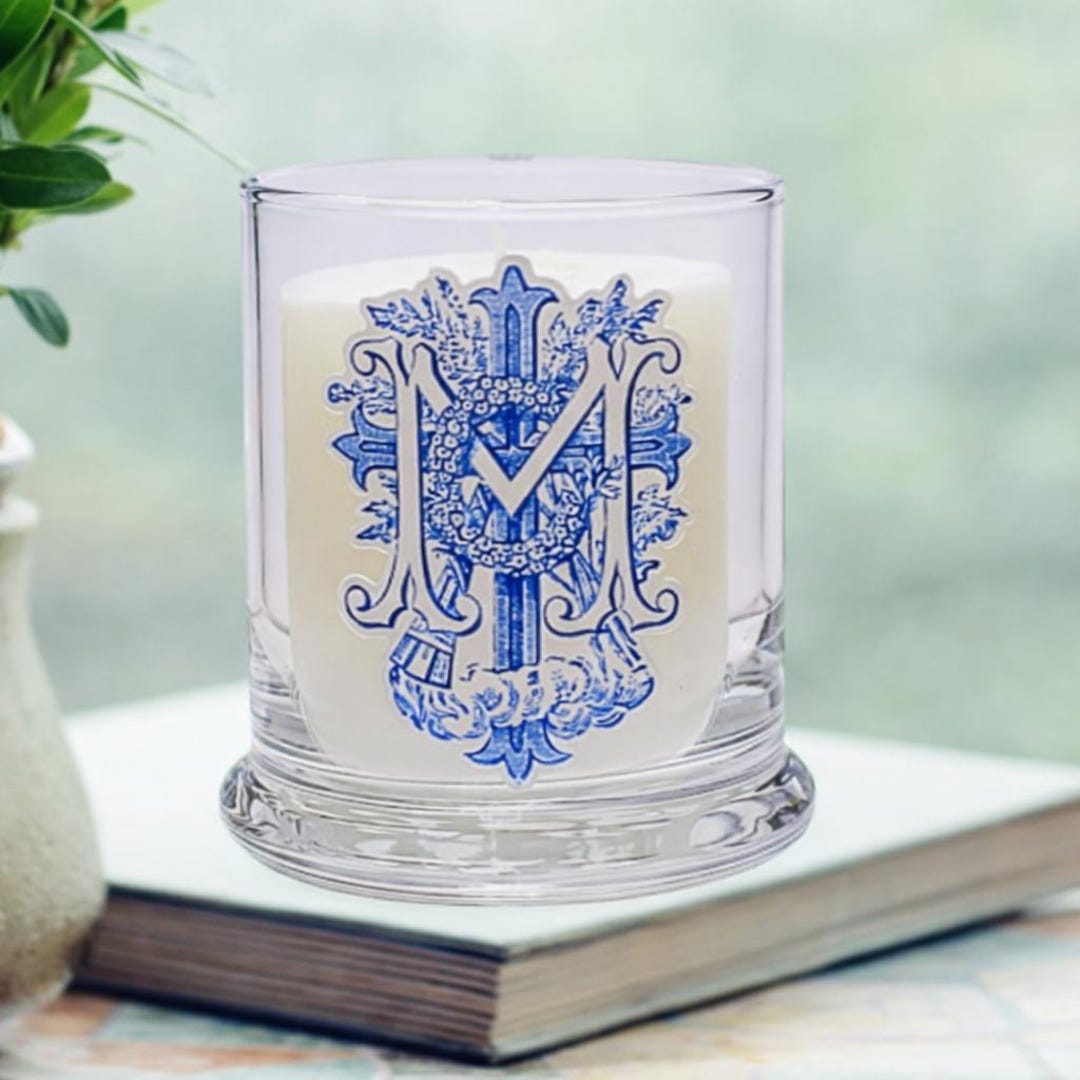 Saint Mary Candle Holder – Marian Monogram Glass Prayer Candle – Virgin ...