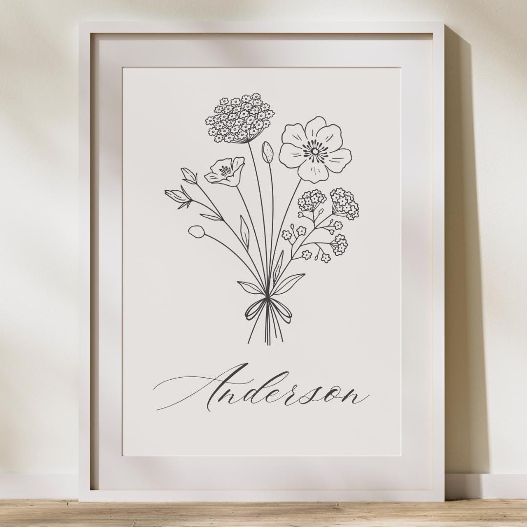 Personalized Last Name Floral Drawing, Artwork, Custom Flower Design ...