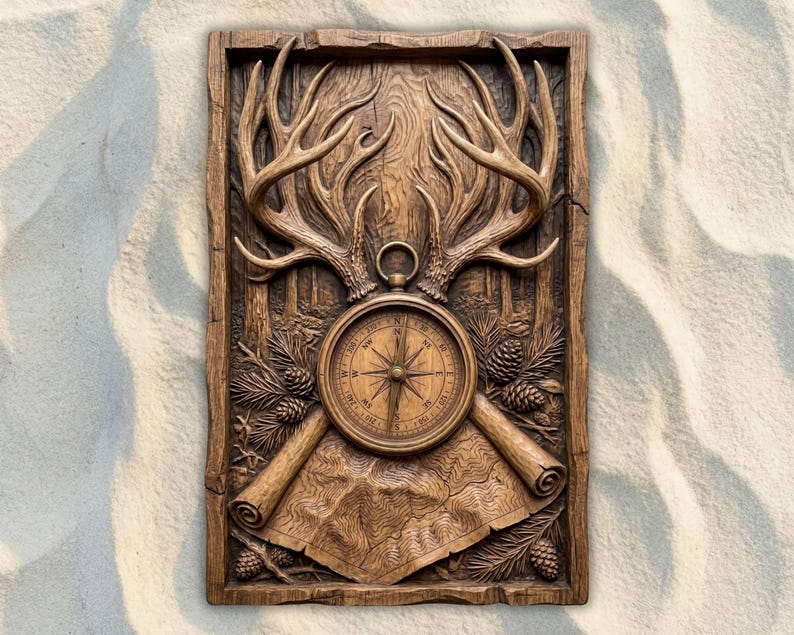 Antlers Compass and Map CNC STL File, 3D Relief CNC Router File, Wood ...