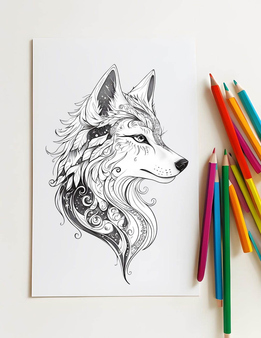 Zen Wolf Colouring Page - Mystical Artwork for Relaxation - Printable ...