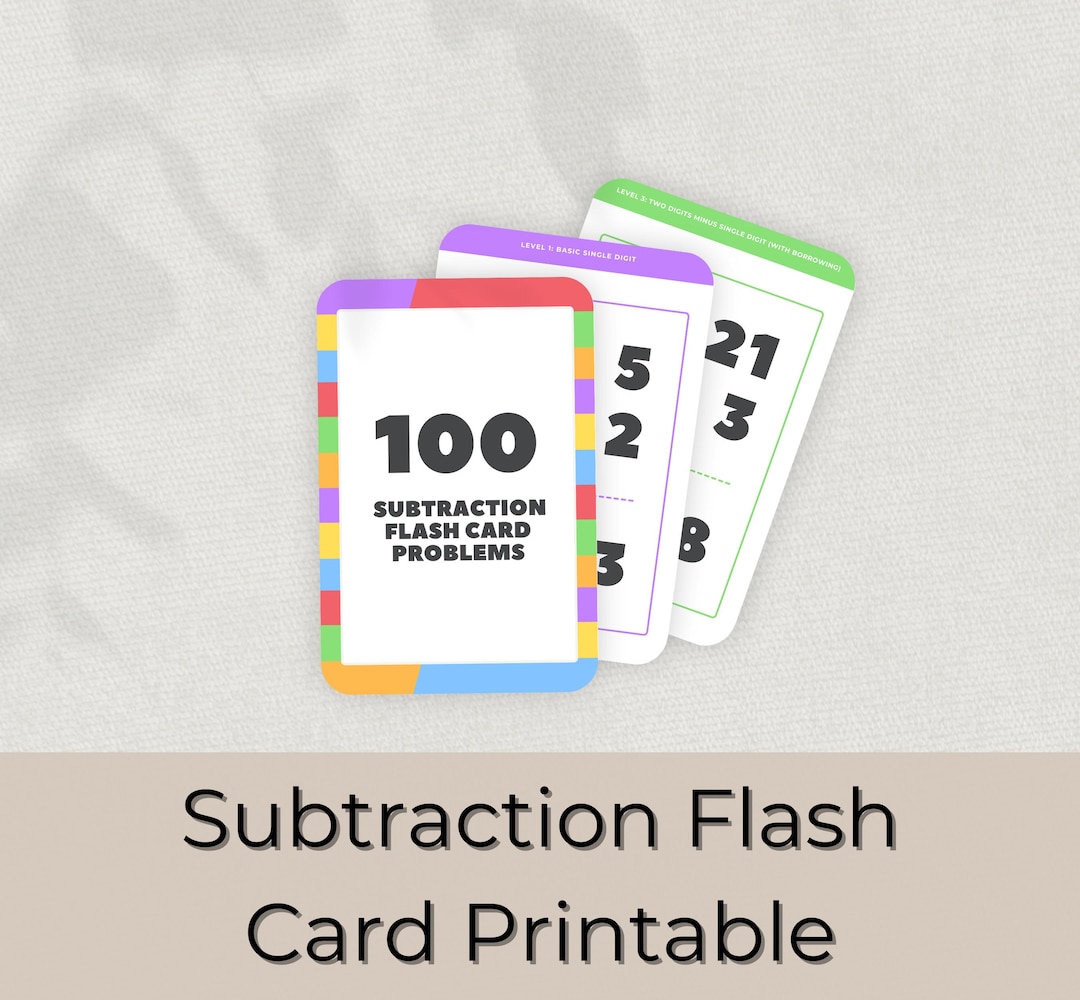 Printable Subtraction Flash Card, Custom Flashcards, Kids Learning ...