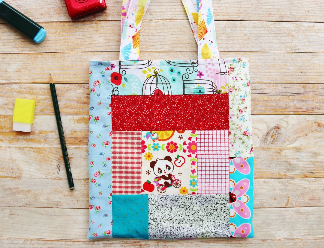 Shopping Bag Patchwork Tote Kids Small Shopper Panda Umbrella Bird Cage ...