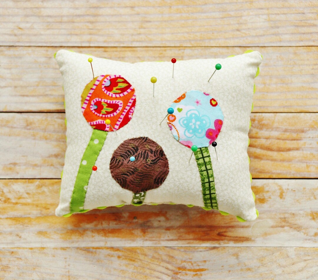 Pincushion Needle Safe Appliqued Floral Lime Green Orange Blue Brown ...