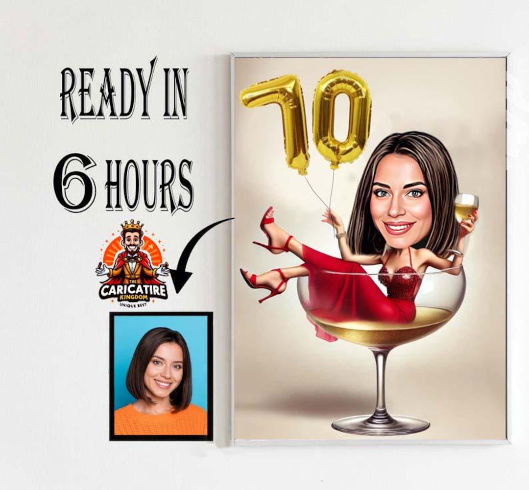 Personalised 70th Cartoon Portrait, Custom Happy Birthday Caricature ...
