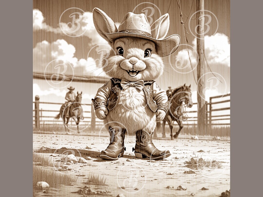 Cowboy Easter Bunny Laser Wood Burning PNG, Western Rabbit Digital ...