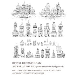 Cute Cartoon Houses Sketch Set, Front View. Line Art, Wall Art ...