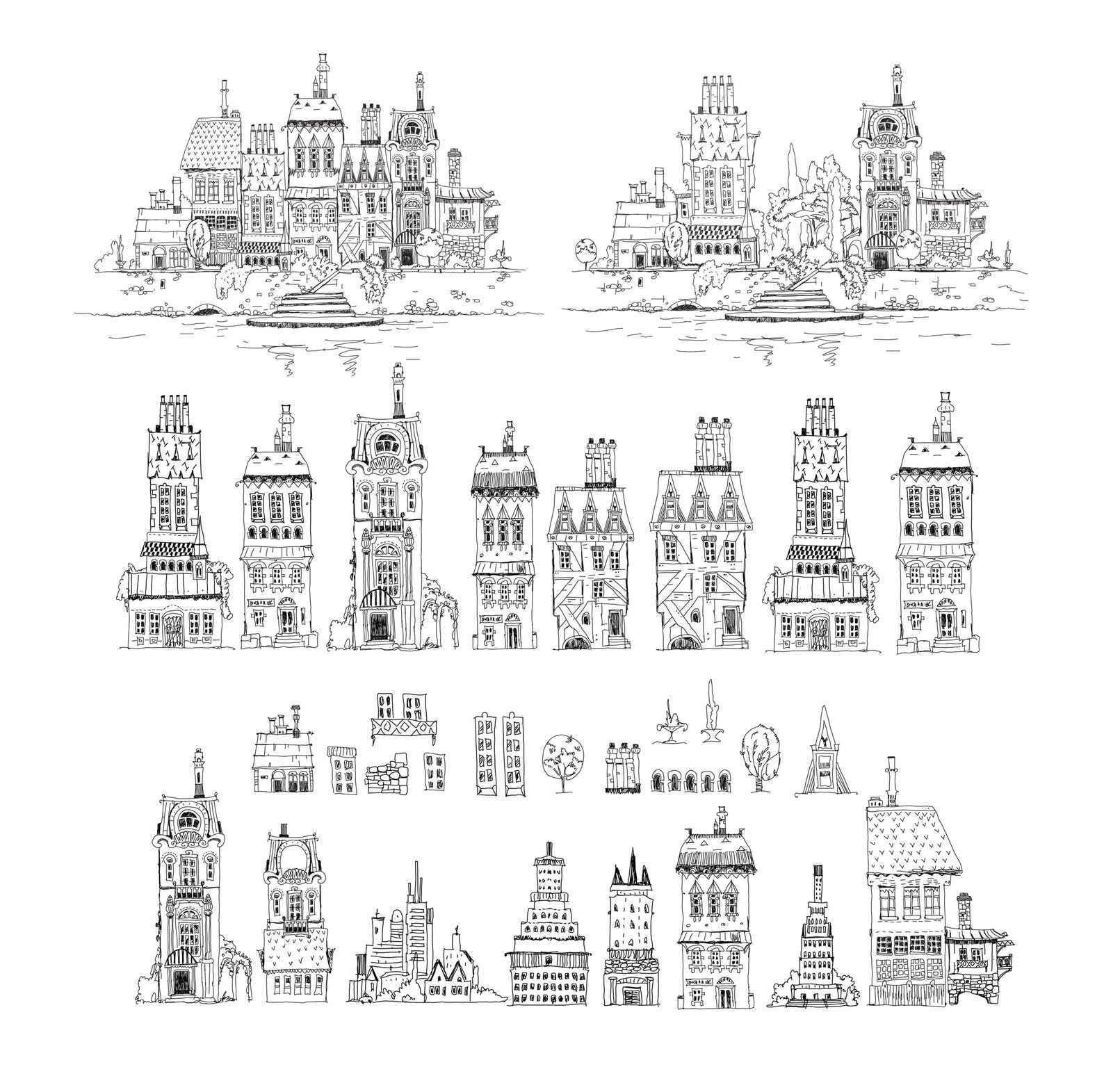 Cute Cartoon Houses Sketch Set, Front View. Line Art, Wall Art ...
