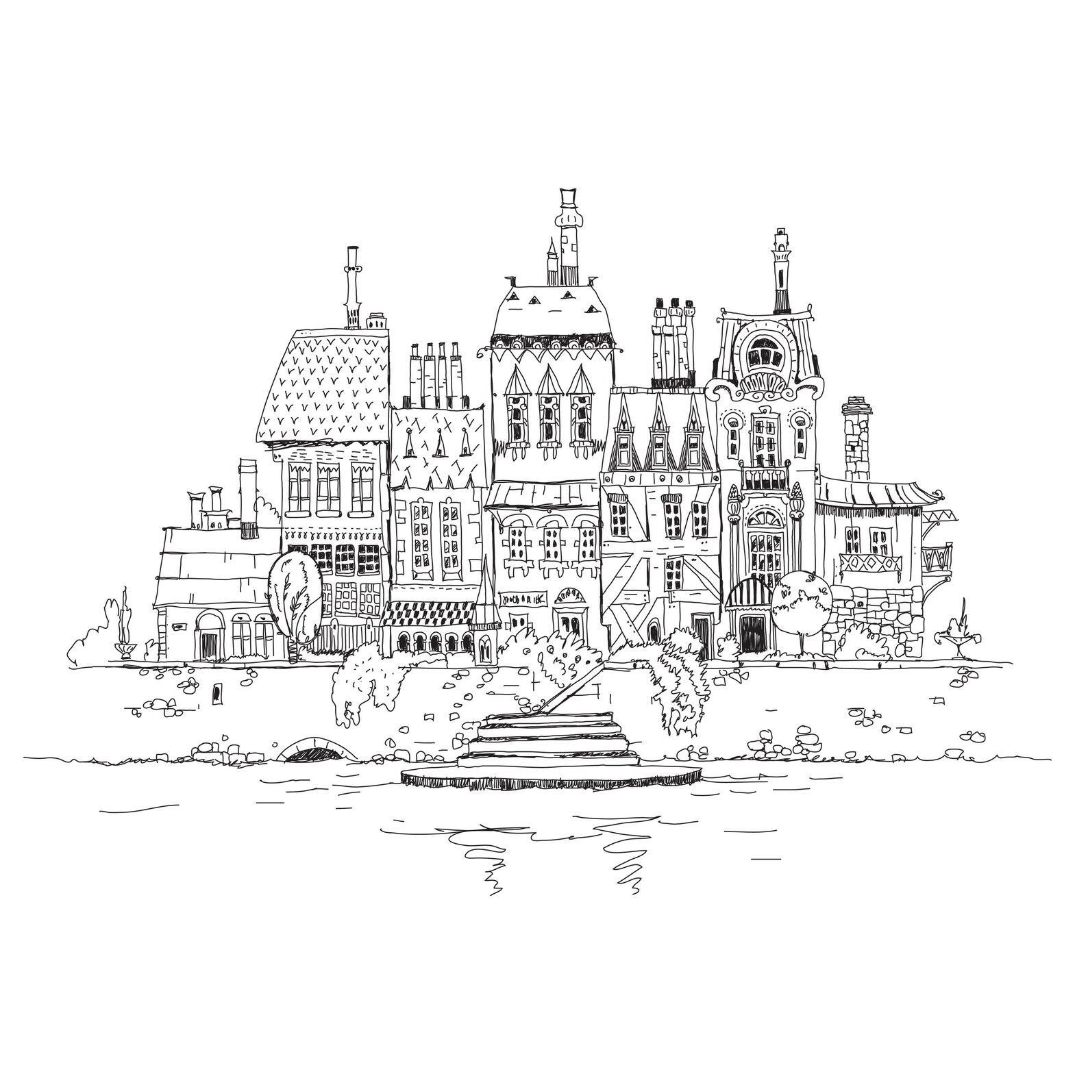 Cute Cartoon Houses Sketch Set, Front View. Line Art, Wall Art ...