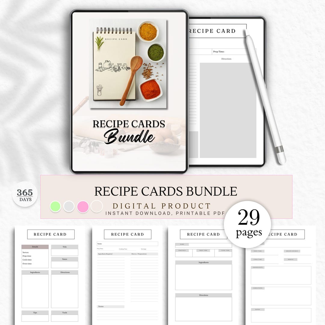 Recipe Cards Bundle, Kitchen Recipe Organizer, Blank Recipe Cards Set ...