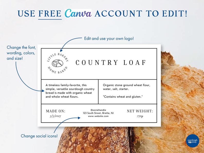 Editable Sourdough Bread Cottage Label, 4x6, Sourdough Label Template ...