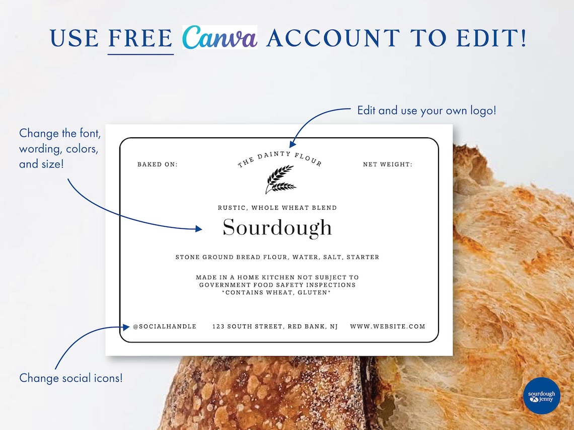 Editable Sourdough Bread Cottage Label, 4x6, Sourdough Label Template ...