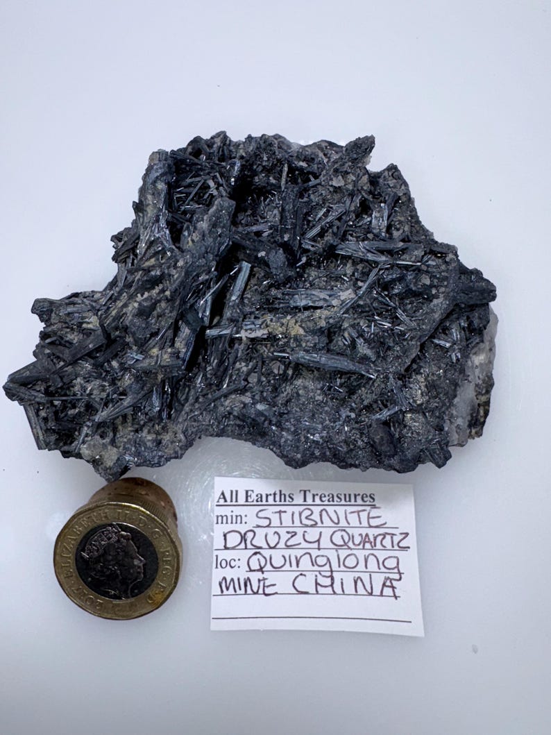 Stibnite on Druzey Quartz Natural Crystal Mimeral Specimen Quinglong ...