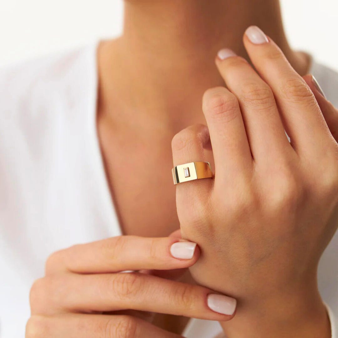 Diamond Square Pinky Ring in 14K Gold, 14K Solid Gold Signet Ring ...