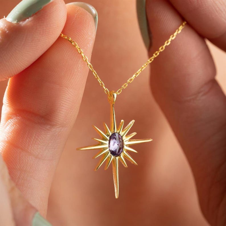 North Star Amethyst Necklace, 14K Gold Plated Celestial Jewelry, Pole ...