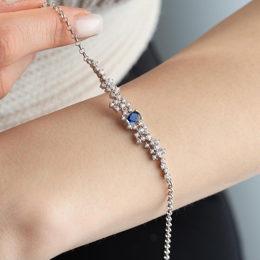 925K Silver Blue Sapphire Bracelet, Drop Cut Vintage Jewelry, 14K Gold ...