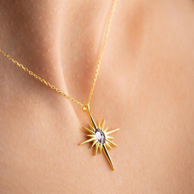 North Star Amethyst Necklace, 14K Gold Plated Celestial Jewelry, Pole ...