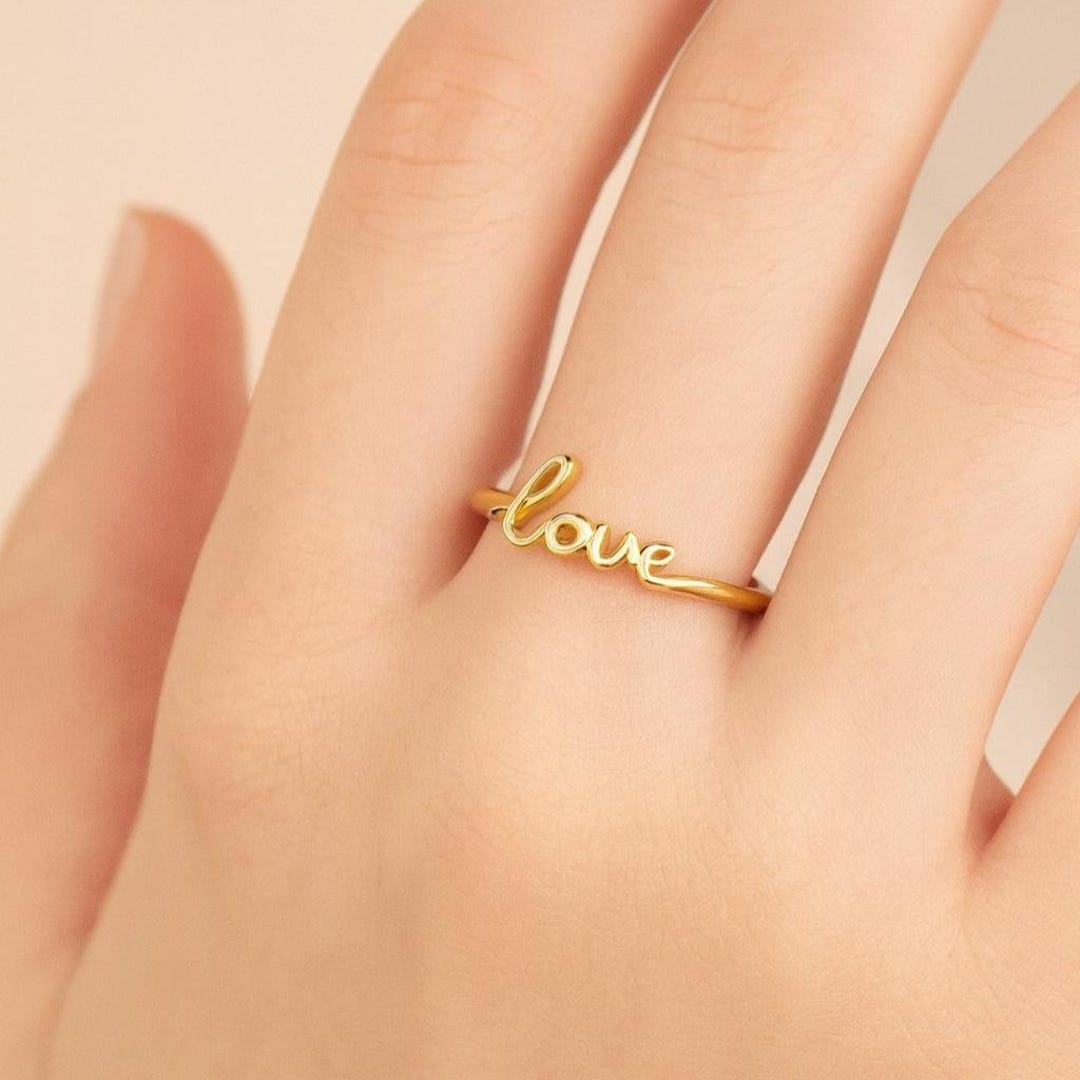 14K Solid Gold Love Ring, Script Love Jewelry, Dainty Love Rings for ...