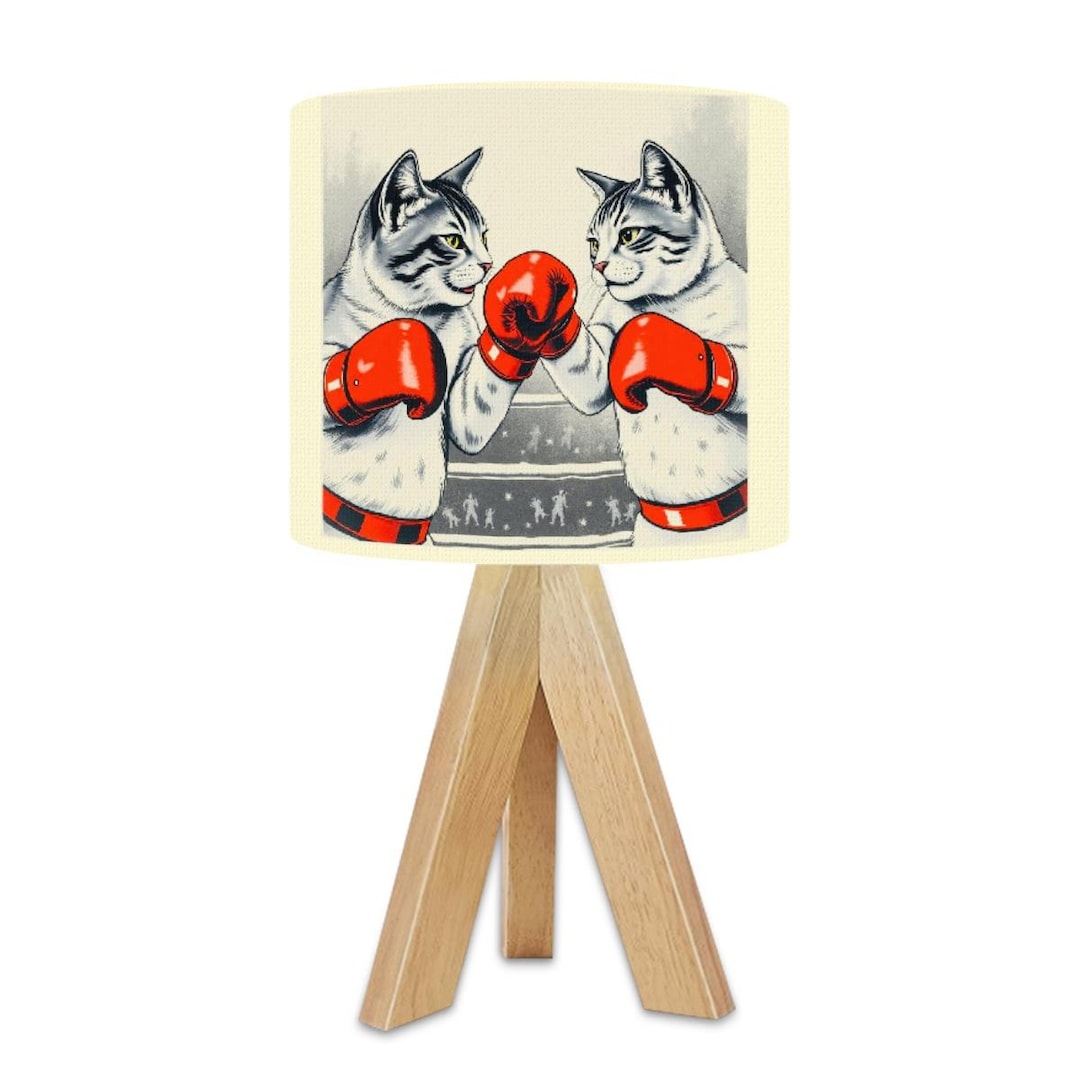 Boxing Cat Table Lamp: Wood Tripod Base, Linen Shade - Etsy
