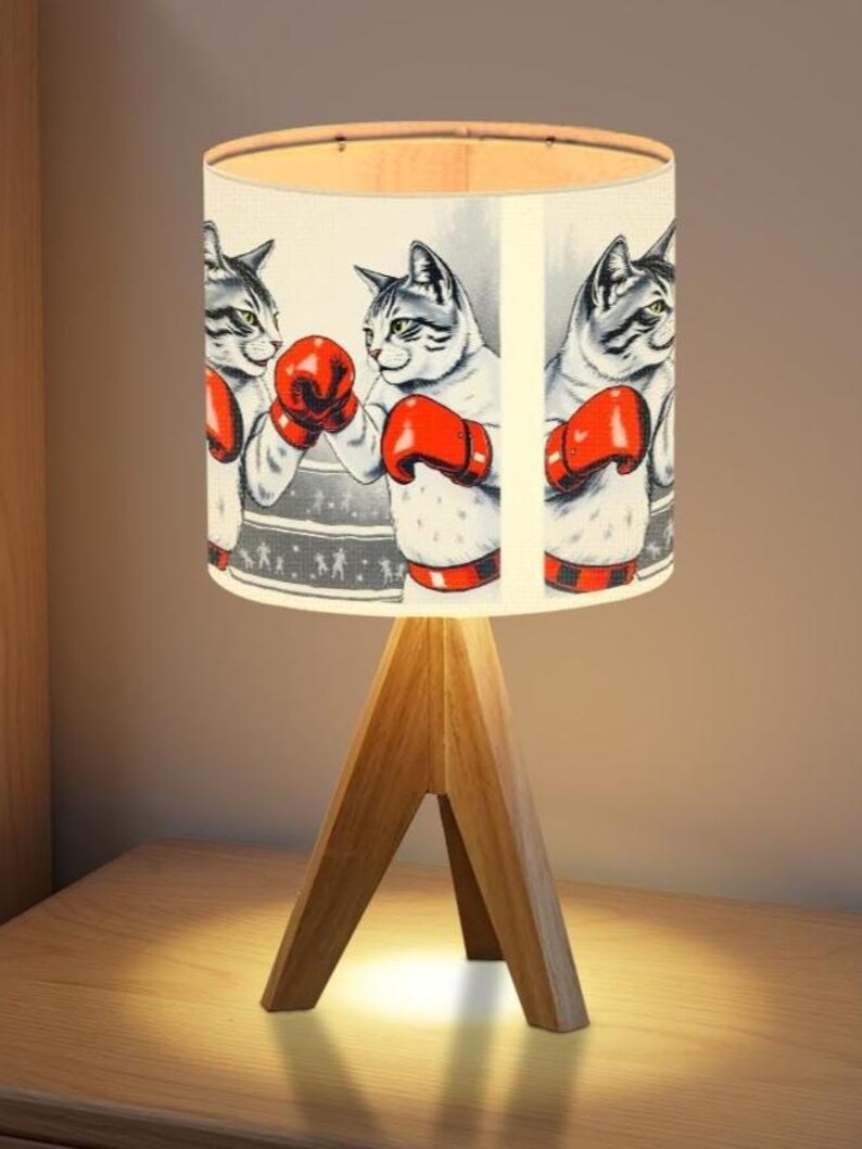 Boxing Cat Table Lamp: Wood Tripod Base, Linen Shade - Etsy