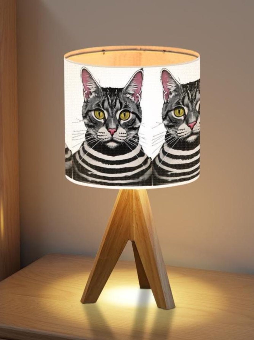 Cat Art Table Lamp: Linen Shade, Wood Tripod Base - Etsy