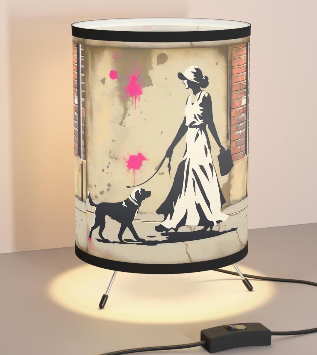 Graffiti Art Table Lamp, Banksy Inspired Small Tripod Light, Woman With ...