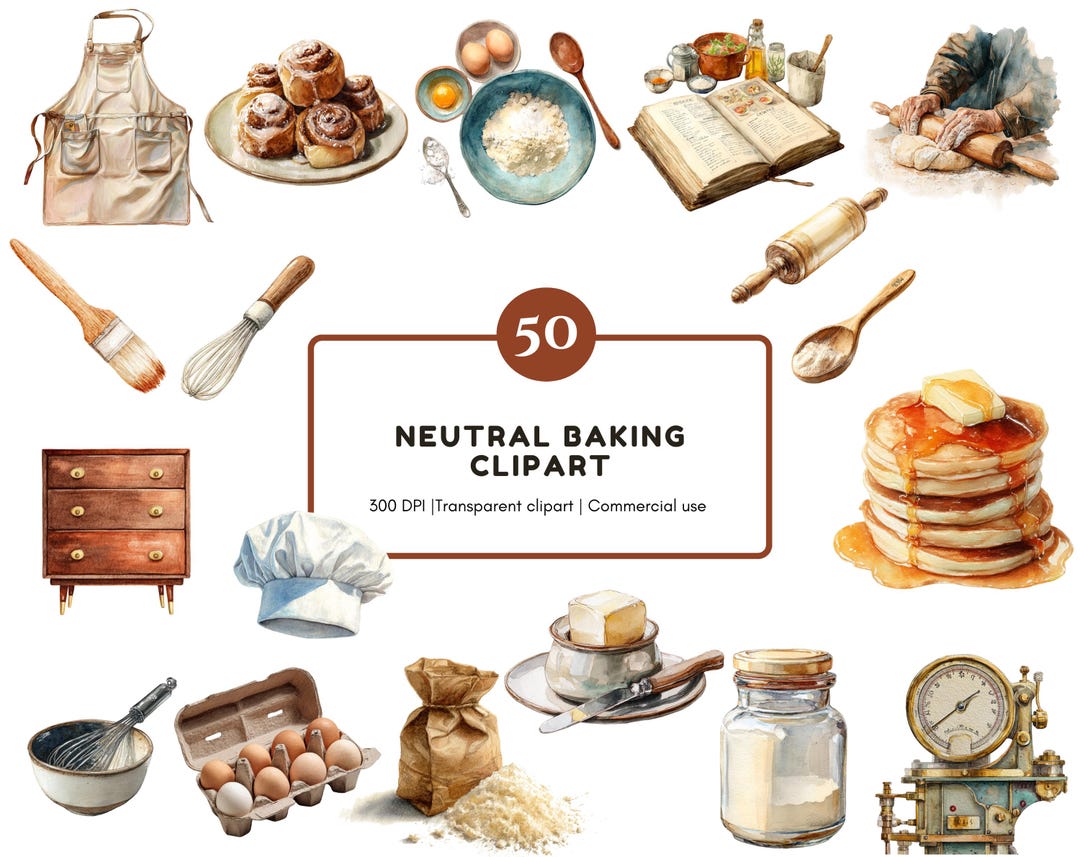 Neutral Baking Clipart Set, Watercolor Baking Png, Vintage Baking ...