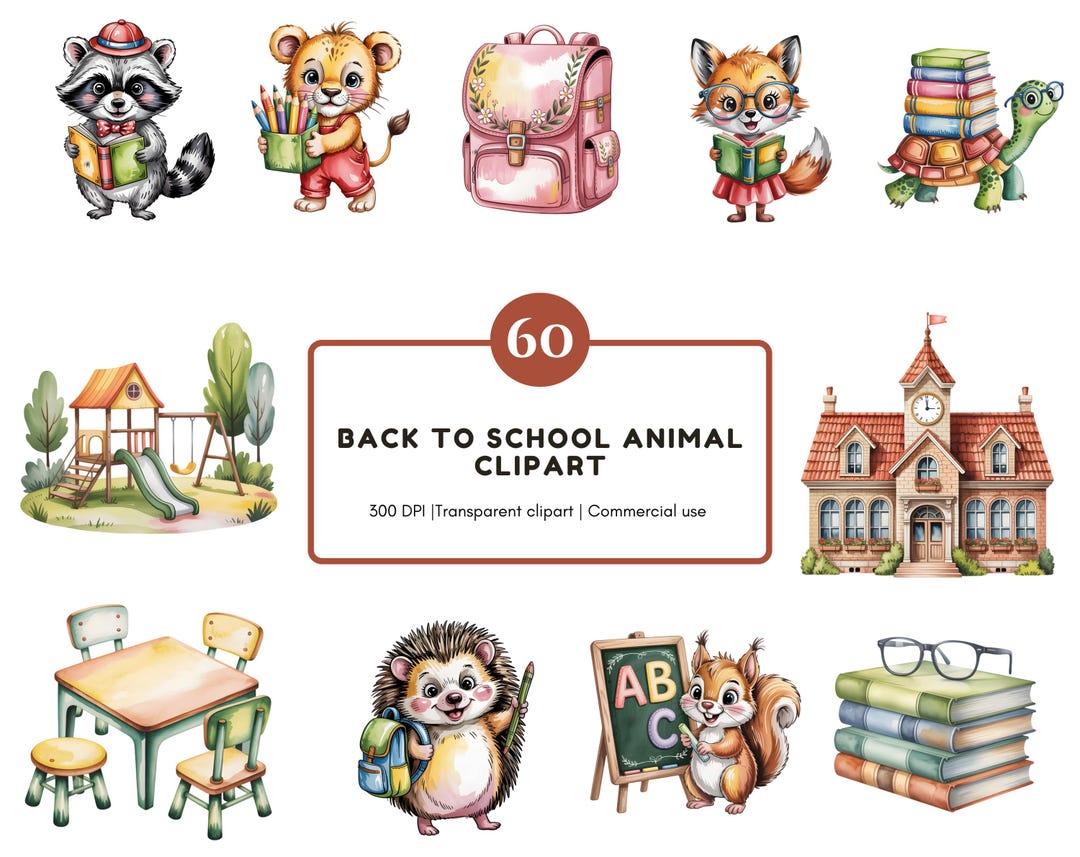Back to School Animal Clipart Bundle, Cute Animal Back to School Png ...