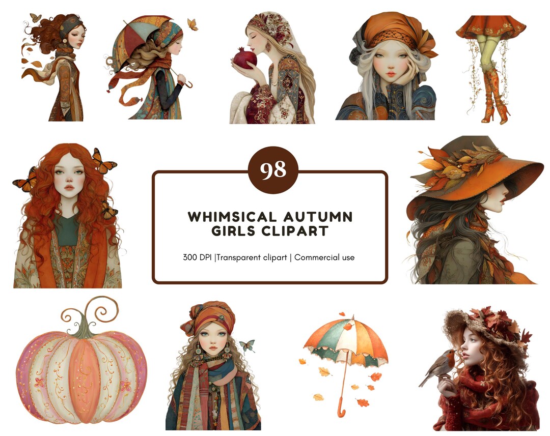 Autumn Girl Clipart Bundle Png, Whimsical Autumn Girl Clipart Png, Girl ...