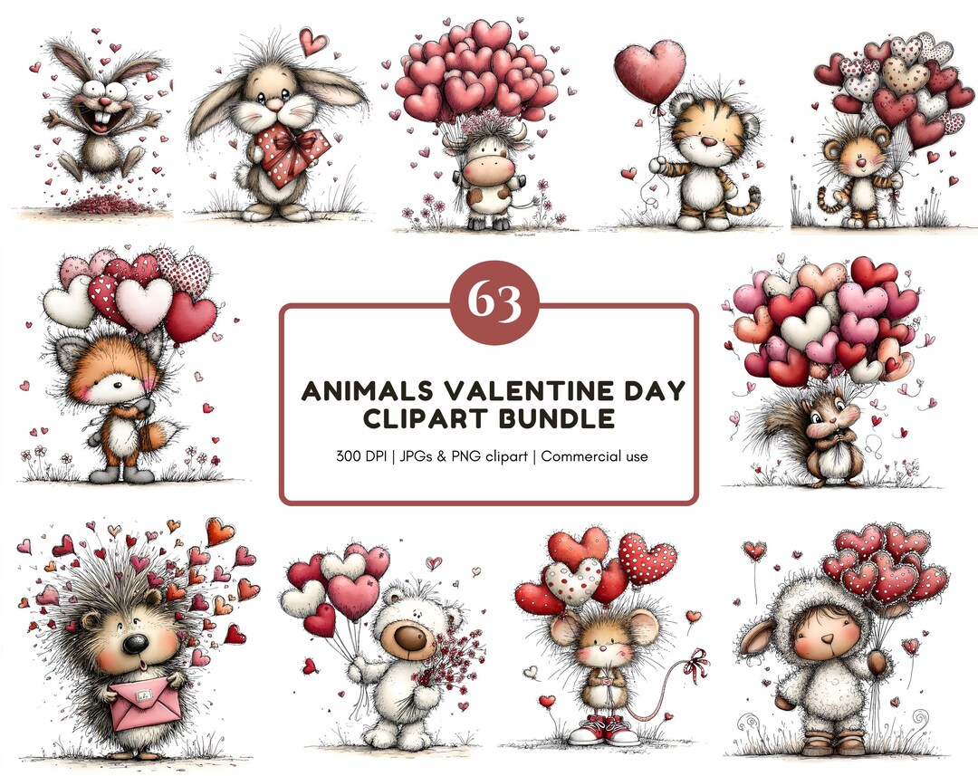 63 Animals Valentine Day Clipart Bundle, Watercolor Valentine's Day PNG ...