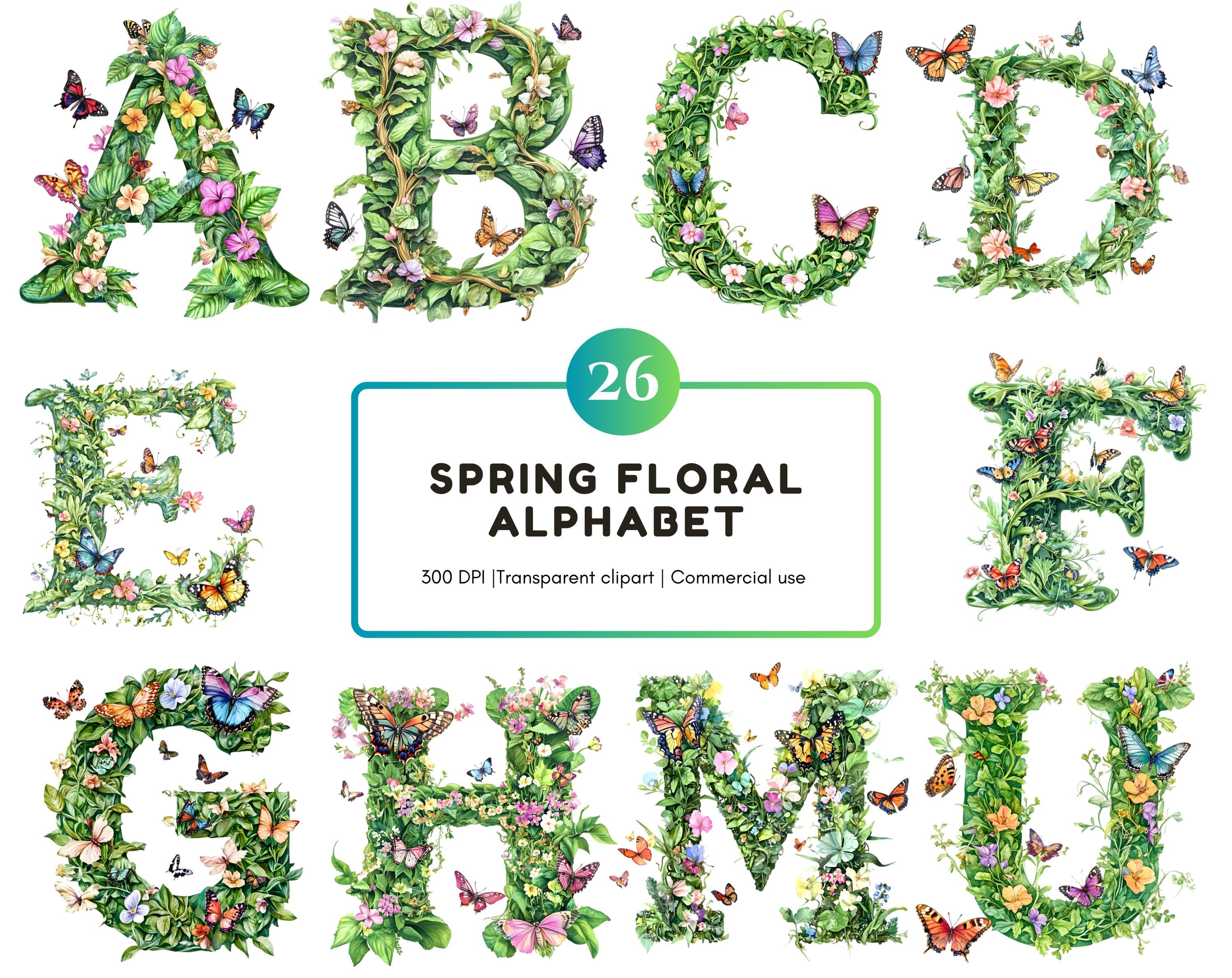 Watercolor Floral Alphabet Clipart Png, Floral Alphabet Png, 26 Floral ...