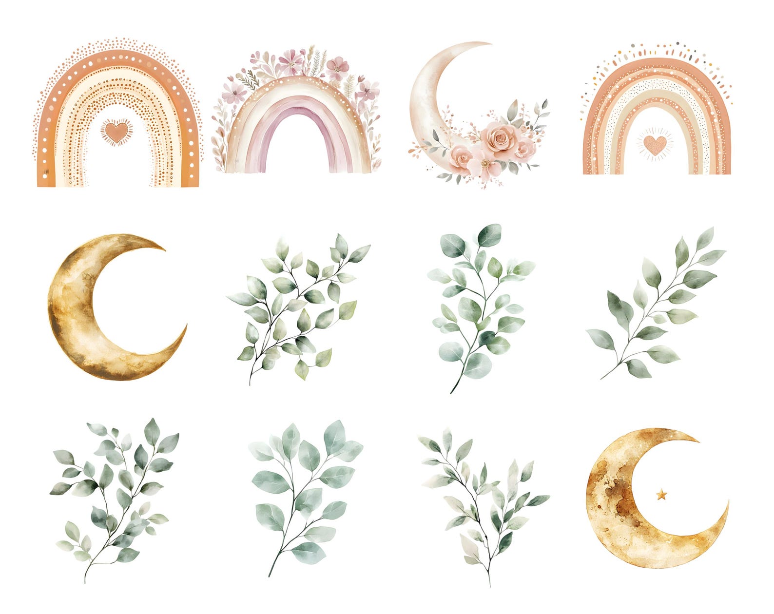 Watercolor Boho Rainbow Clipart Png Bundle, Boho Rainbow Clipart, Boho ...