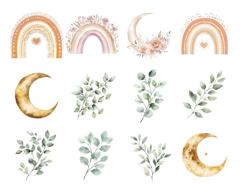 Watercolor Boho Rainbow Clipart Png Bundle, Boho Rainbow Clipart, Boho ...