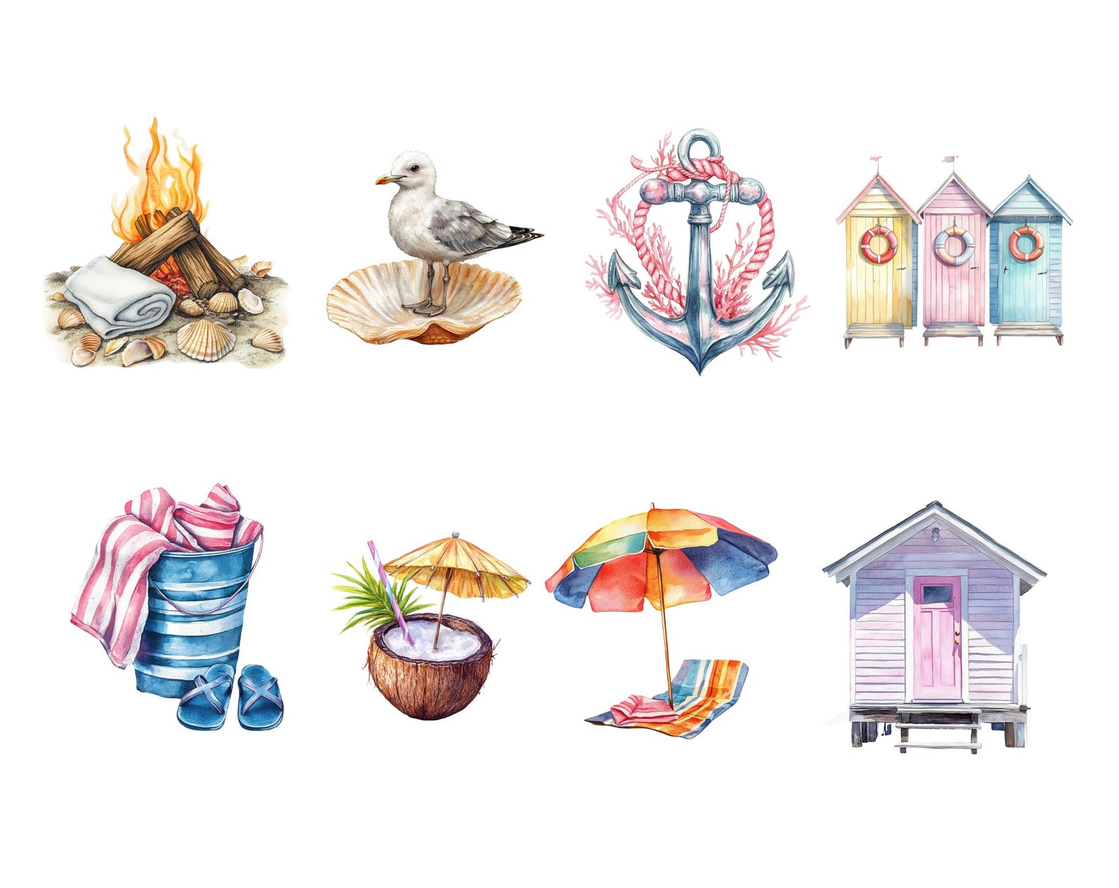 Summer Clipart Png, Beach Clipart Png Bundle, Watercolor Beach Clipart ...