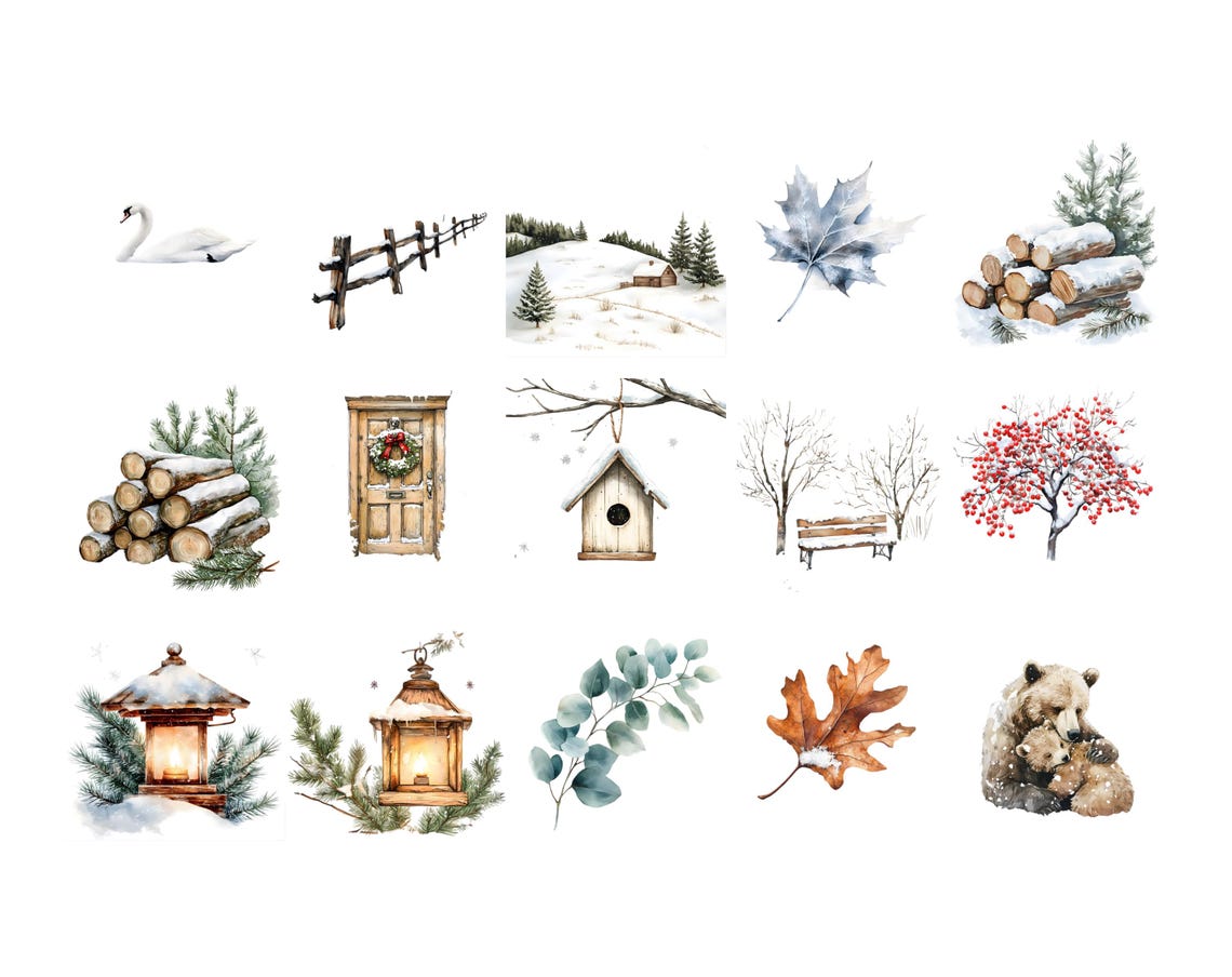 Winter Woodland Clipart Bundle, Watercolor Winter Woodland Clipart ...