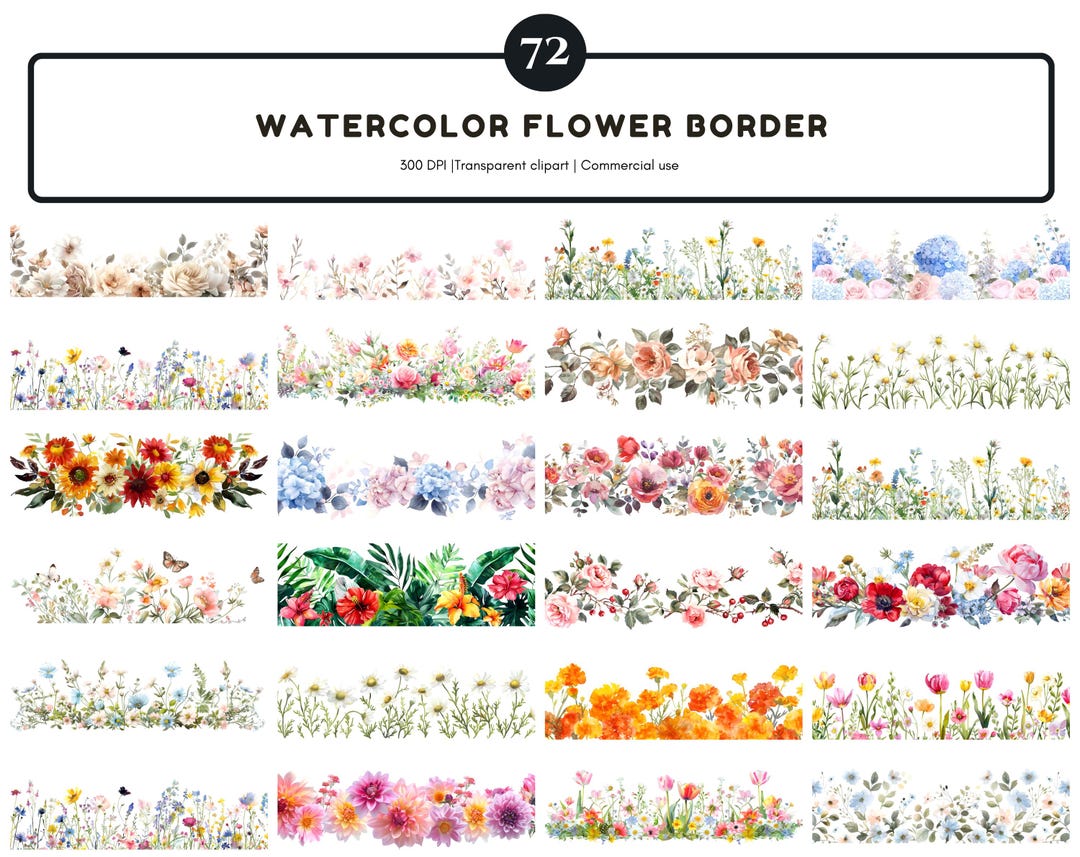 Flower Border Clipart Bundle, Watercolor Floral Clipart Set, Decorative ...