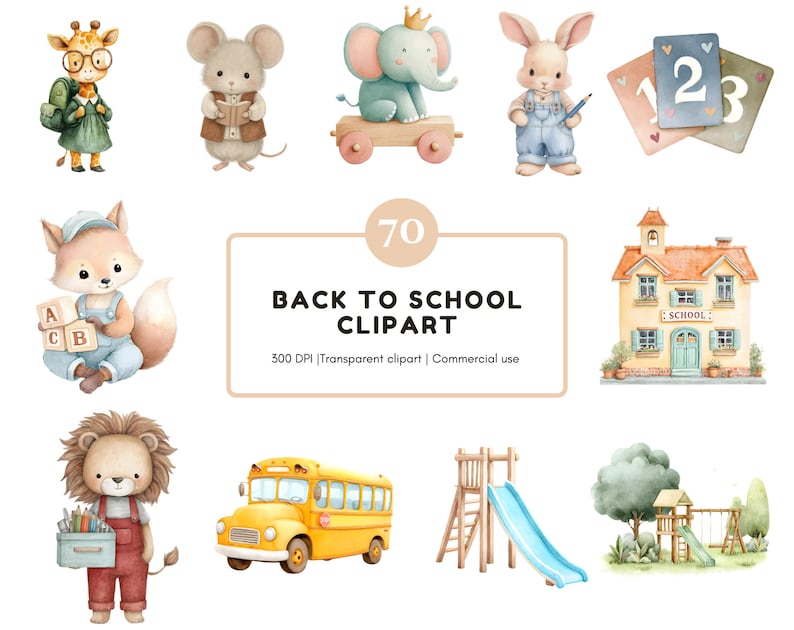 70 Back to School Animal Clipart, Watercolor School Animal Clipart ...