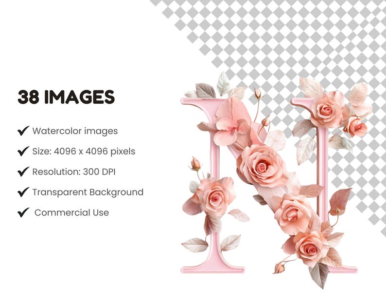Watercolor Floral Alphabet Clipart Set, Pink Rose Letters (digital ...