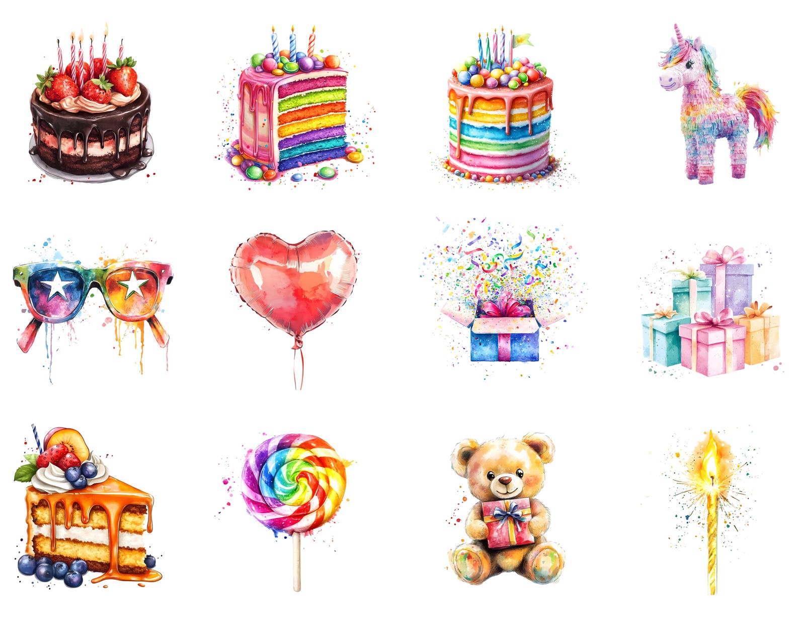 Watercolor Birthday Décor Clipart Png Bundle, Birthday Décor Clipart ...