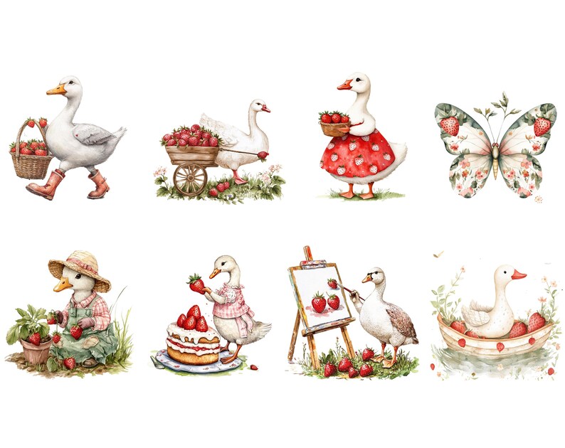 Strawberry Geese Clipart Png Bundle, Cute Goose Clipart, Cute Geese ...