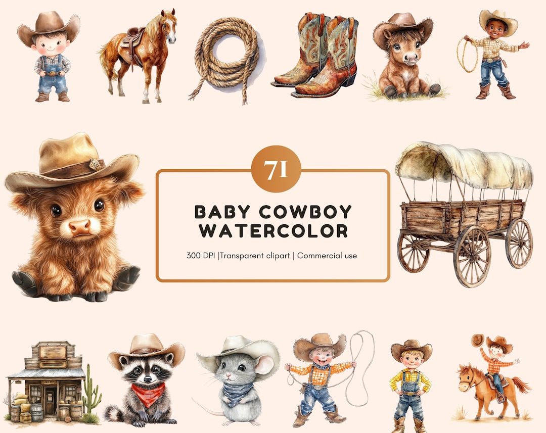 Cute Cowboy Clipart Png Bundle, Watercolor Cowboy Clipart, Baby Cowboy ...