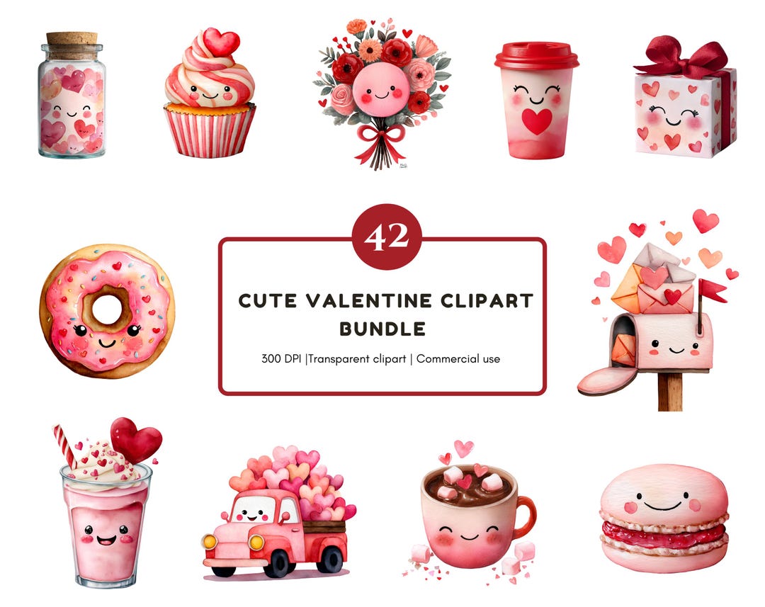 Cute Valentine Clipart Bundle, Kawaii Valentine Png, Valentine's Day ...