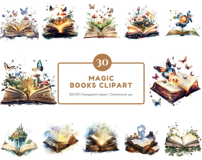 10 Blue Magic Book Clipart Watercolor Old Book Pile Fantasy Clipart ...