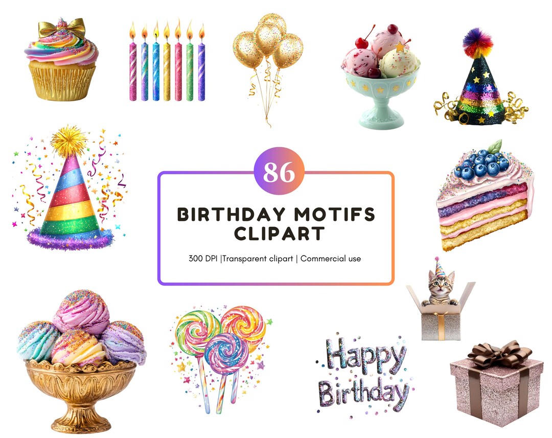 Watercolor Birthday Clipart Bundle Png, Birthday Motifs Clipart Png ...